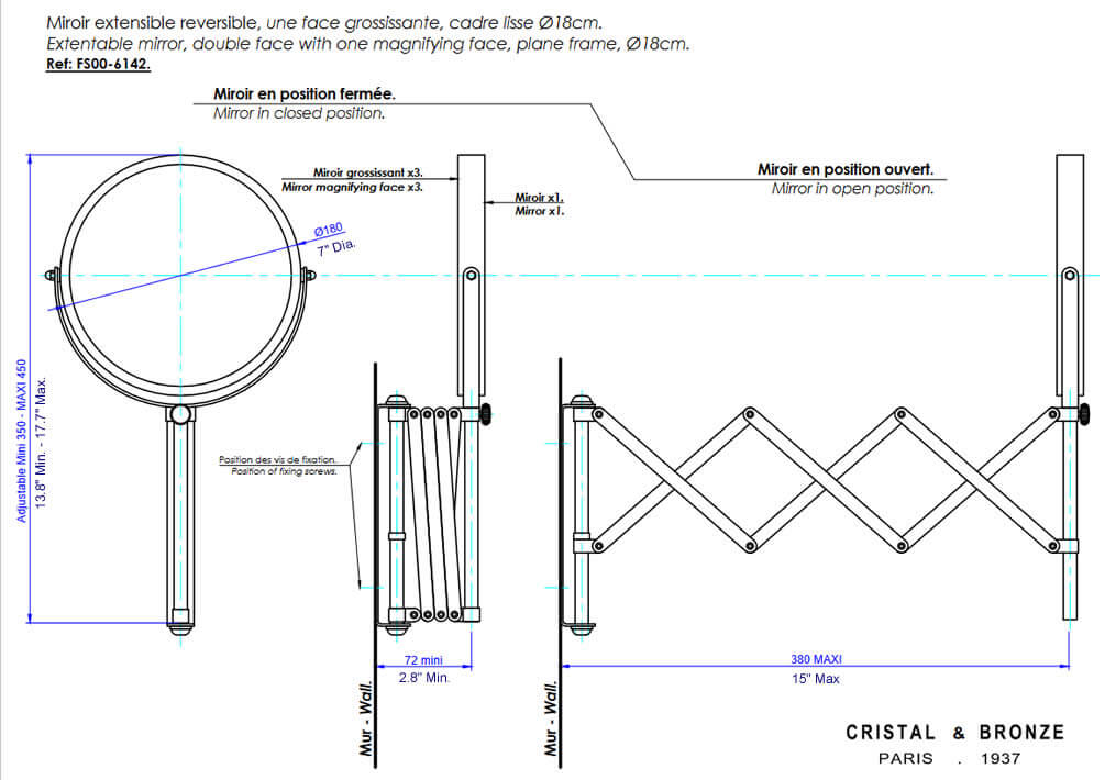Cristal&Bronze Pantograph 3x/1x Extension Makeup Mirror